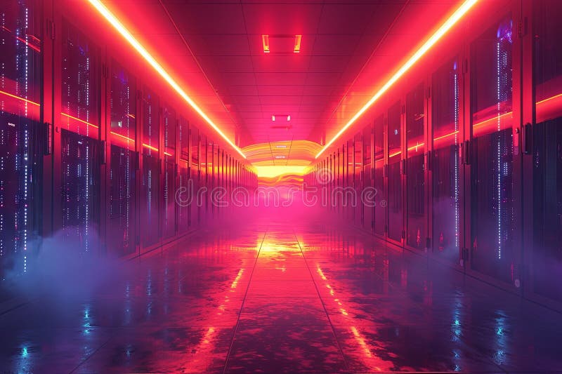 A Server Room with Server Racks in the Dark, in the Style of Light ...