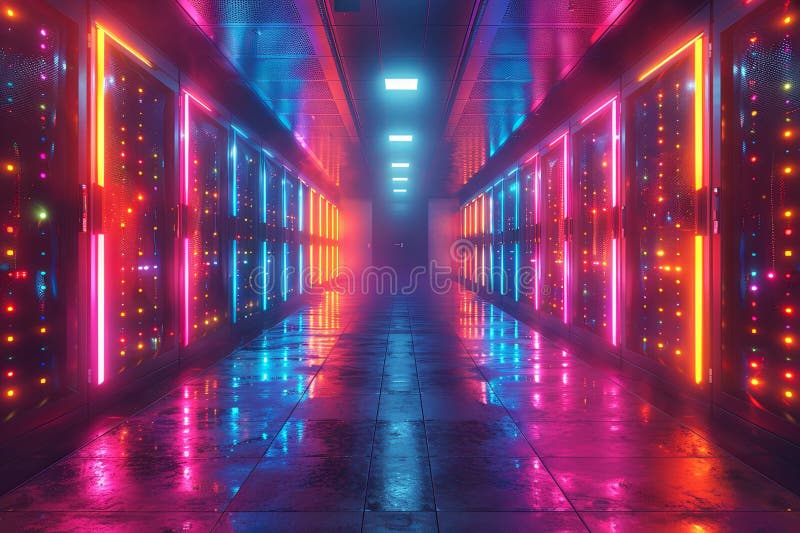 A Server Room with Server Racks in the Dark, in the Style of Light ...