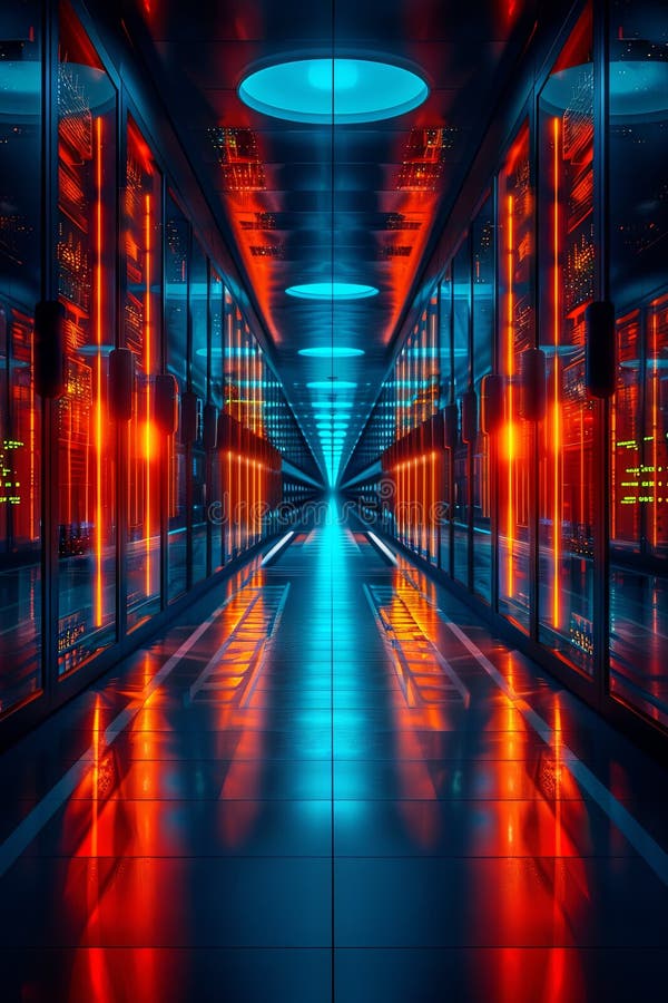 A Server Room with Server Racks in the Dark, in the Style of Light ...