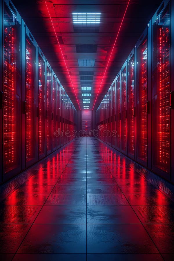 A Server Room with Server Racks in the Dark, in the Style of Light ...