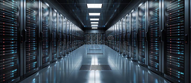 Symmetrical Futuristic Corridor in Hightech Data Center with Server ...