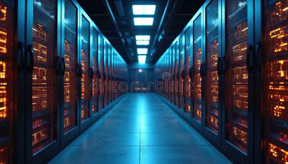 Server Room with Servers Data Storage Array for Cloud Service. Infrastructure Data Center ...