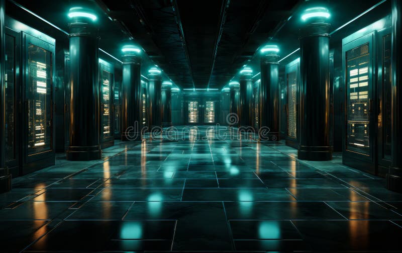 The Server Room with Servers. a Long Hallway with Many Doors and ...