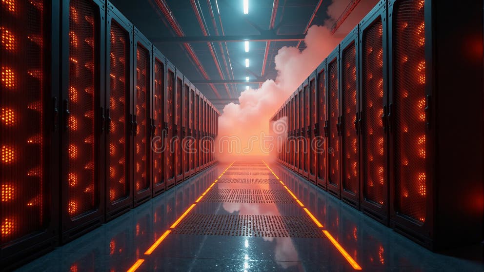 Server Room Smoke with Orange Glow Stock Illustration - Illustration of ...