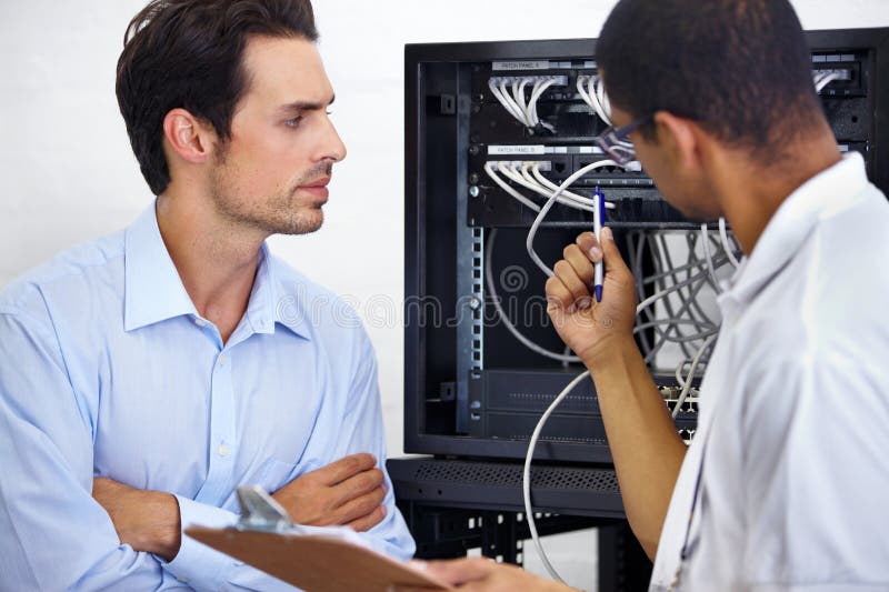 Server Room, it Support and Cable with an Engineer Chatting To a ... Server Room, it Support and Cable with an Engineer Chatting To a ...