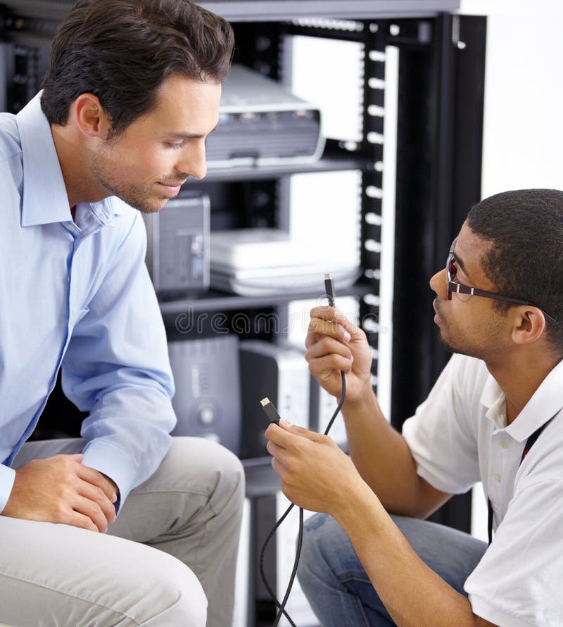 Server Room, it Support and Cables with a Technician Explaining To a ... Server Room, it Support and Cables with a Technician Explaining To a ...