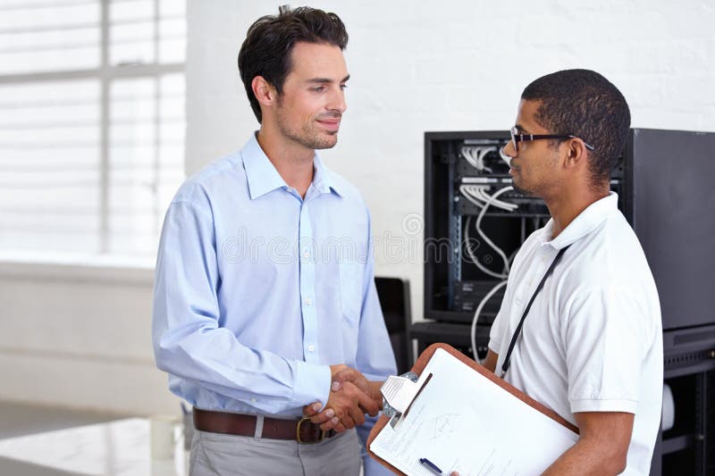 Server Room, it Support and Clipboard with a Technician Shaking Hands ...