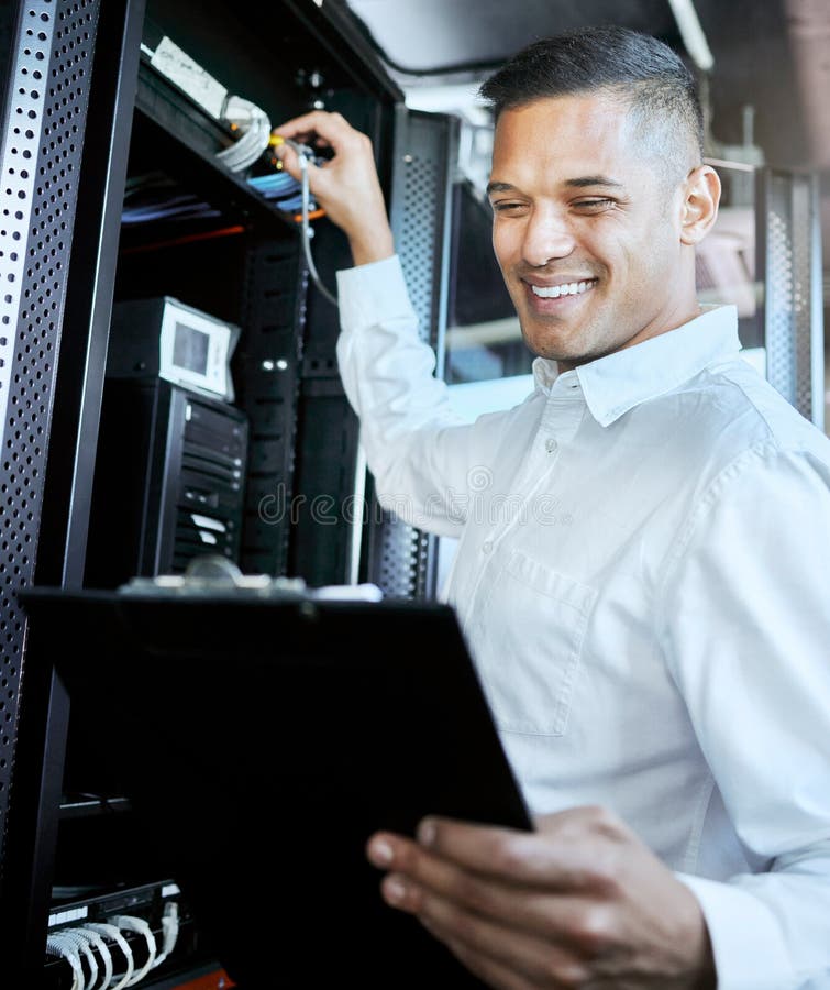 Server Room, it Support and Database with a Man Programmer Working on a ... Server Room, it Support and Database with a Man Programmer Working on a ...