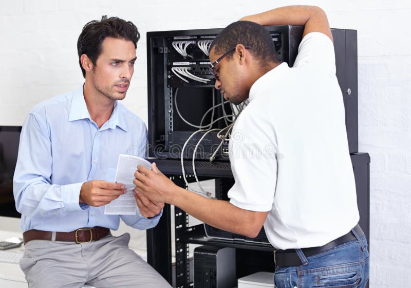 Server Room, it Support and Error with a Man Engineer Talking To a Confused Business Man about ...