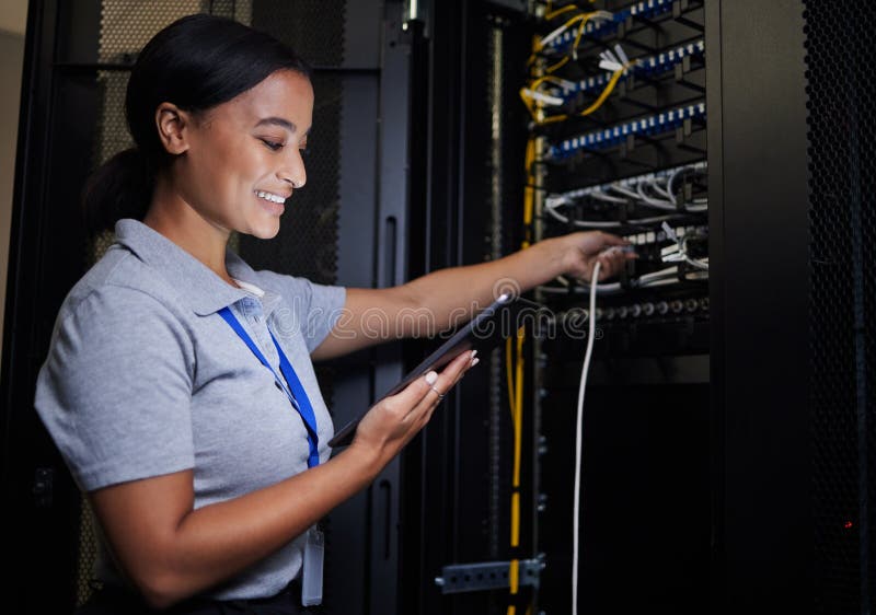 Server Room, Tablet and Engineer Woman with Connection Cable for ...