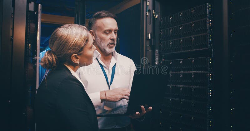 Server Room, Talking and People on Laptop for Technical Support, Network Maintenance and ...