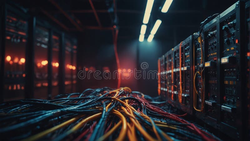 Server Room with Tangled Network Cables and Racks of Computer Hardware ...