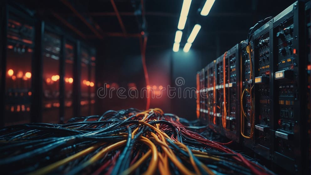 Server Room with Tangled Network Cables and Racks of Computer Hardware ...