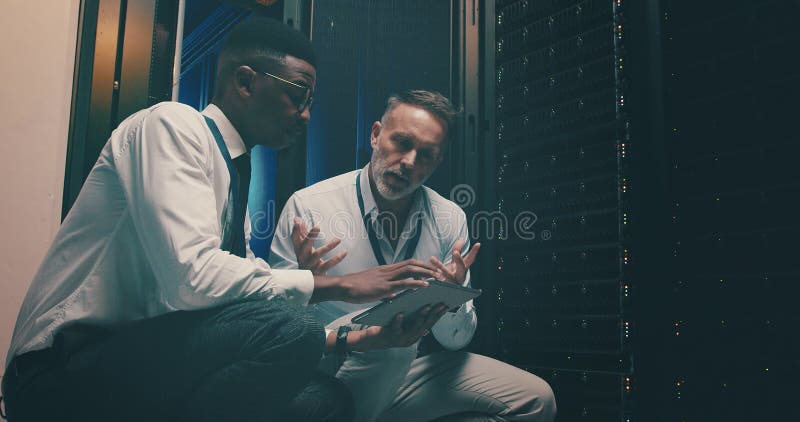 Server Room, Teamwork and Tablet with Talking for Database, Information ...