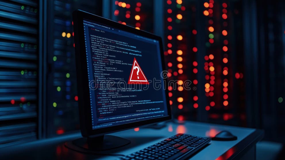 Server Room Tech Alert. Computer Screen Shows Warning Sign. Dimly Lit ...
