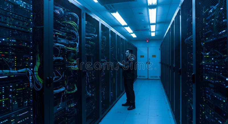 Server Room Technician Inspecting Network Equipment in a Data Center Stock Illustration ...