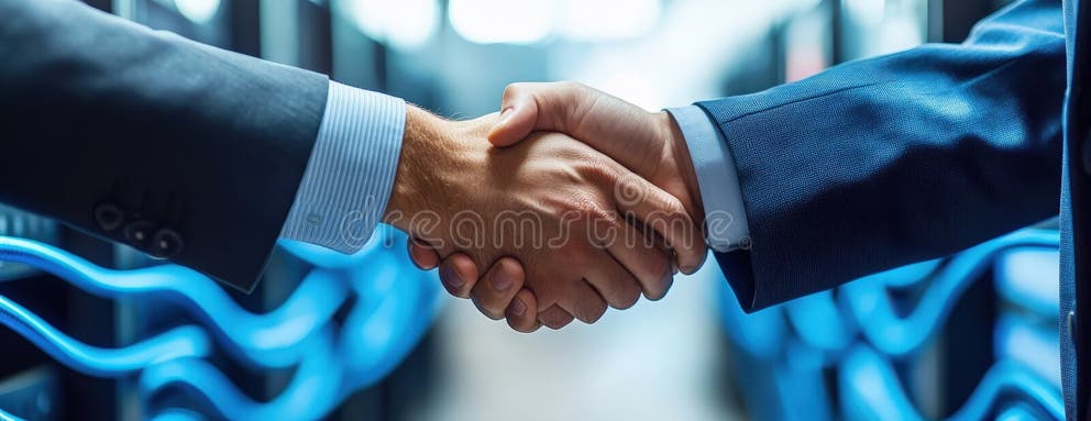 In a Server Room, Two Men are Engaging in a Handshake Gesture Stock ...