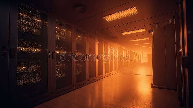 Server Room Warm Orange Glow Emergency Lighting High Tech Facility ...