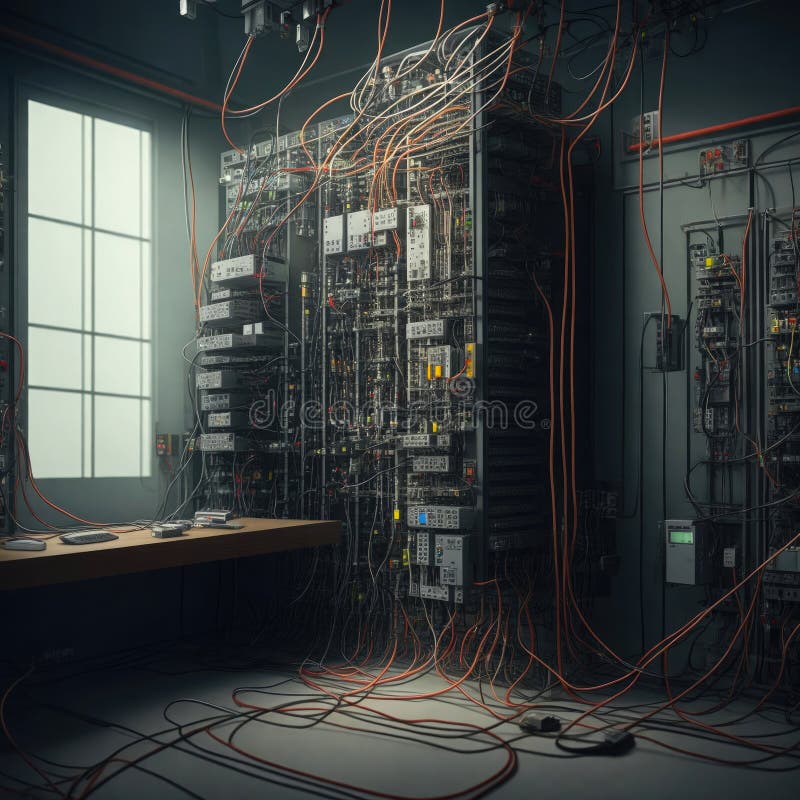 A Server Room in Which There are Many Cables, Wires and a Central ...