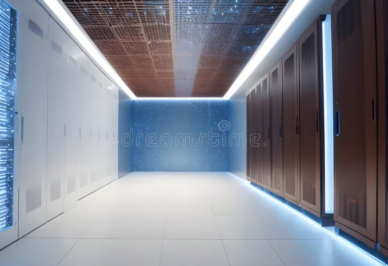 A Server Room with White and Brown Cabinets, a Blue-lit Ceiling, and a ...