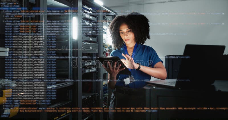 Server Room Woman Or Digital Tablet For Coding System Update Or Cybersecurity Software