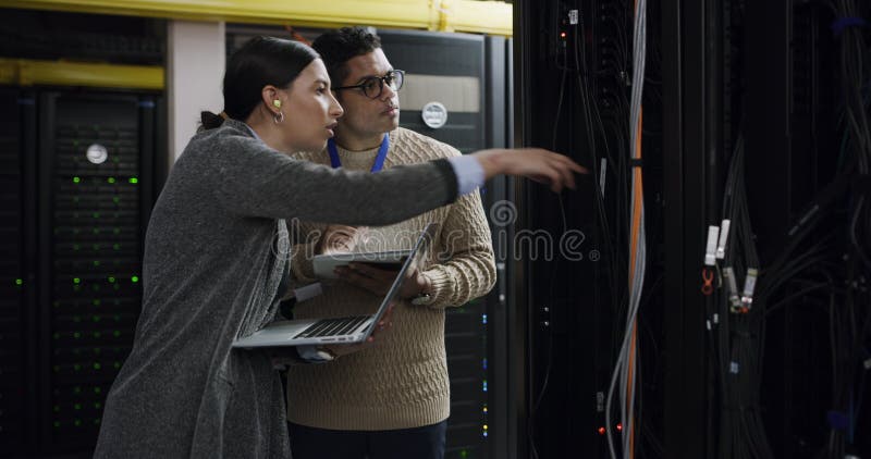 Server Room, Woman and Man with Tablet, Laptop and Network ...