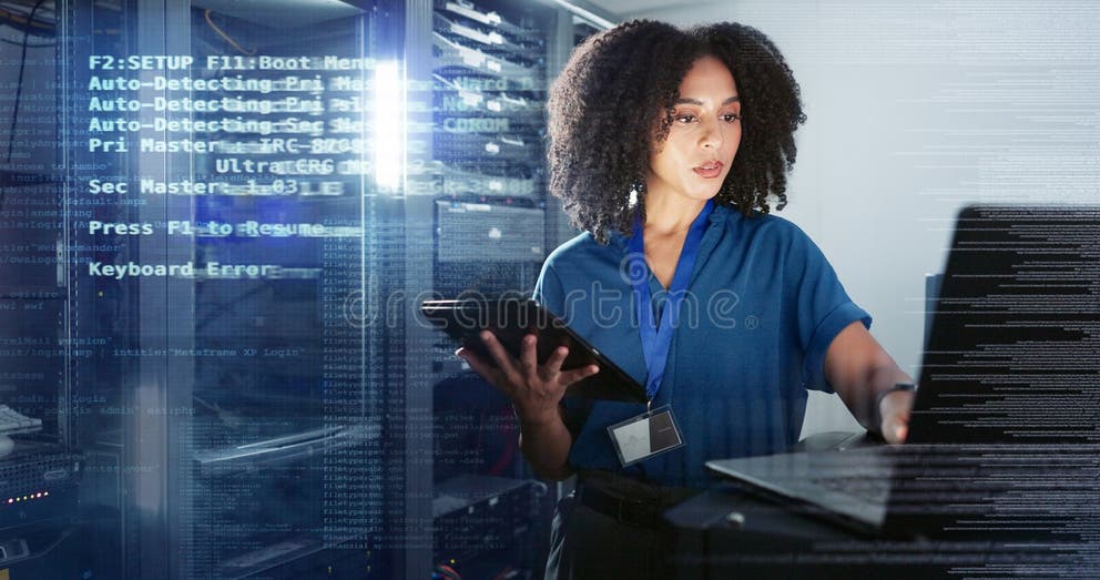 Server Room, Woman or Overlay with Laptop for Coding, System Update or ...