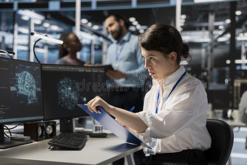 Server Room Worker Looking at AI Visualization Charts, Reviewing Documentation Stock Image ...