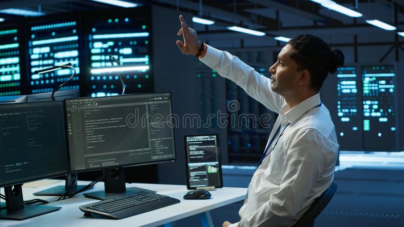 Server Room Worker Looking at AR Visualization Hologram Stock Photo ...