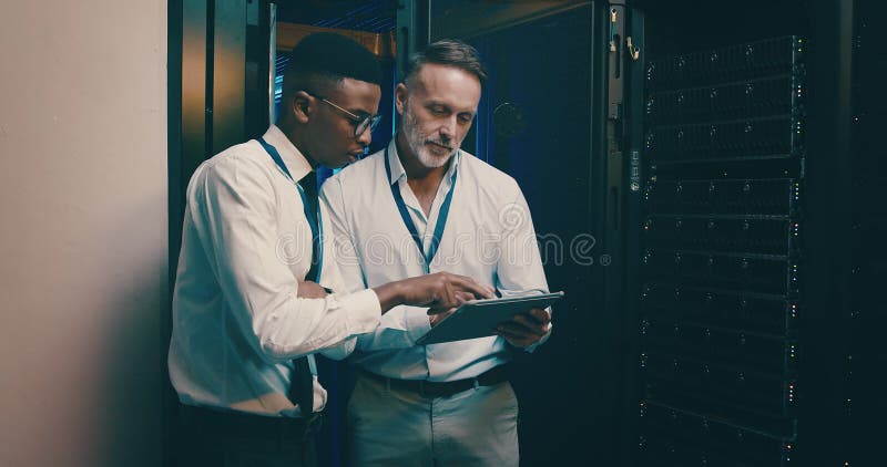 Server Room, Worker and Tablet with Portrait for Database Coaching ...