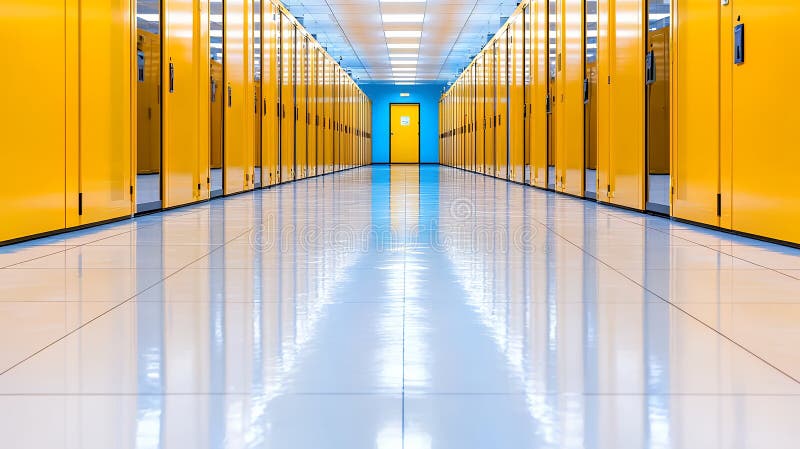 Server Room with Yellow Racks and Reflective Floor Showing Data Storage ...