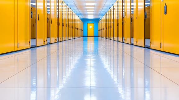 Server Room with Yellow Racks and Reflective Floor Showing Data Storage ...