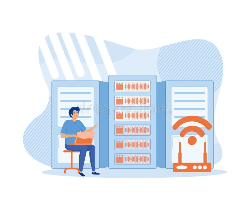 Data Protection Concept. Man Sitting Analyzing Server Security and Data Protection Stock Vector ...