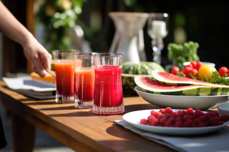 Server Setting a Table with Breakfast and Fresh Watermelon Juice Stock ...
