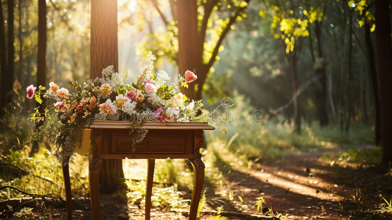 A Server Table with Flowers in a Sun Drenched Forest. Ai Generative ...