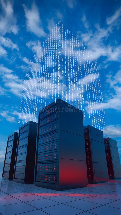 Server Towers Illuminated Under a Sky of Cascading Binary Code Stock ...