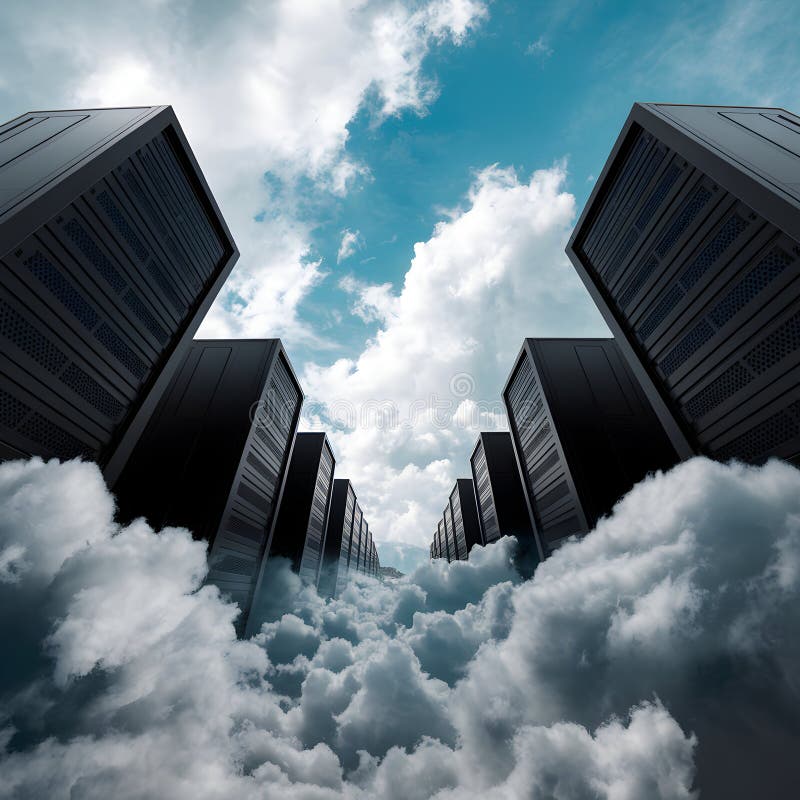 Server Towers Rise Amidst Clouds, Contrasting Sky and Technology Stock Illustration ...