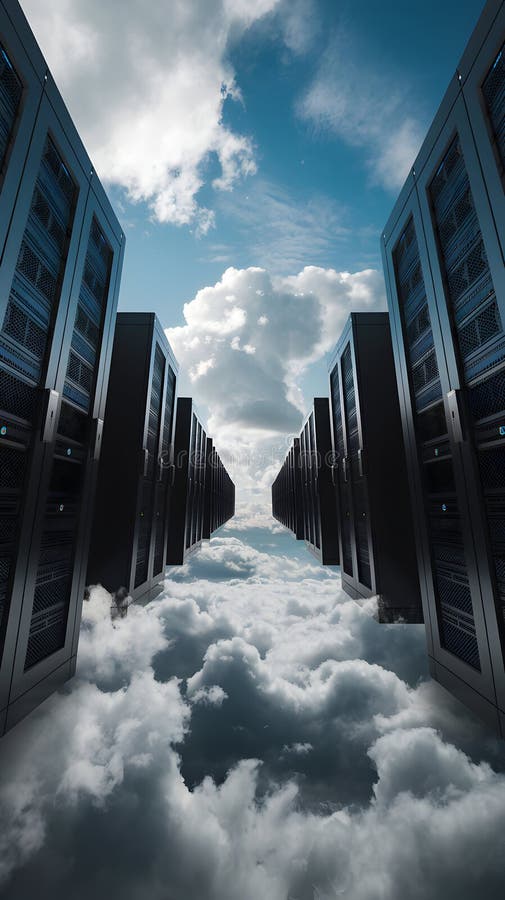 Server Towers Rise Amidst Clouds, Contrasting Sky and Technology Stock ...