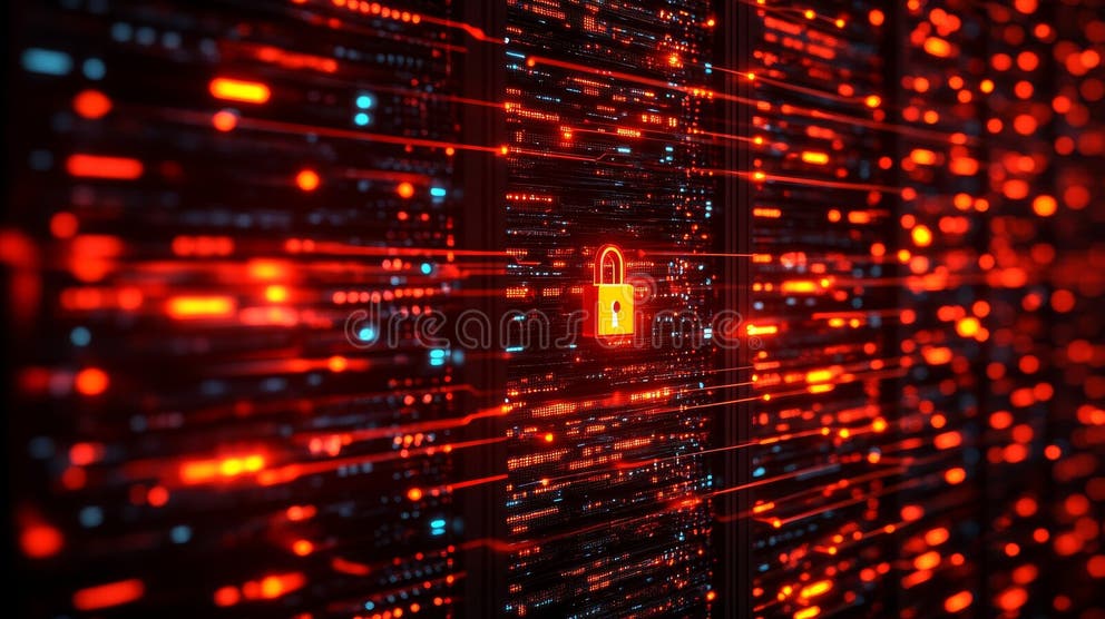 A Server Wall Featuring a Red Padlock Represents the Concepts of Data ...