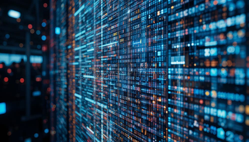 A Server Wall with a Flashing Code that Displays Information about the ...