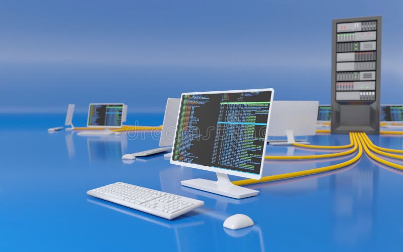 Server Workstation, Desktop Computer and Server Infrastructure on Blue ...