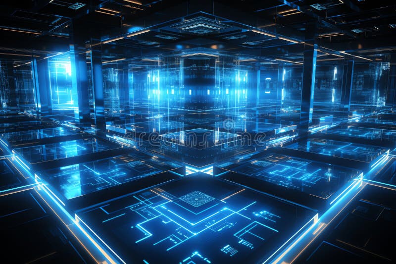 Servers with Blue Light in Cyber Security Scene, Data Boxes Highlighted ...