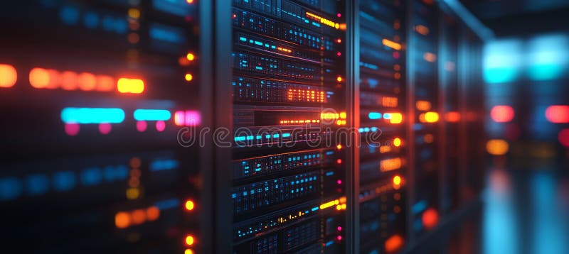 Servers in Data Center Room with Blue and Orange Lights, Modern Server ...