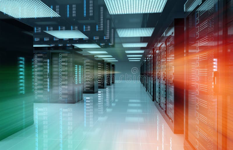 Servers Data Center Room with Bright Speed Light through the Corridor ...