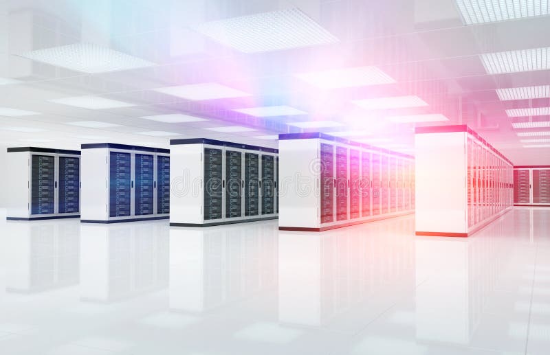 Servers Data Center Room with Bright Speed Light through the Corridor ...