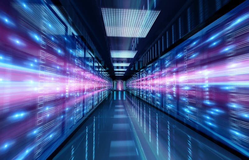 Servers Data Center Room with Bright Speed Light through the Corridor ...