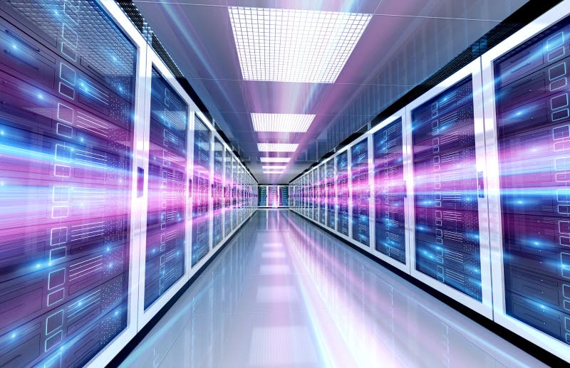 Servers Data Center Room with Bright Speed Light through the Corridor ...
