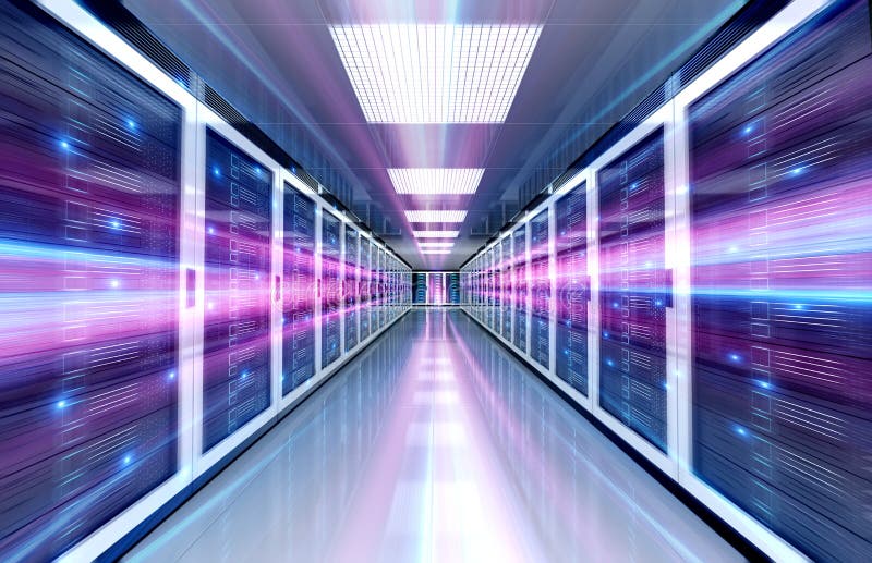 Servers Data Center Room with Bright Speed Light through the Corridor ...