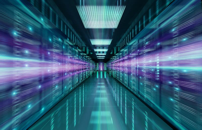 Servers Data Center Room with Bright Speed Light through the Corridor ...