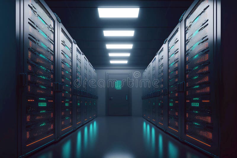 Servers Data Center Room with Computers and Storage Systems. Generative ...